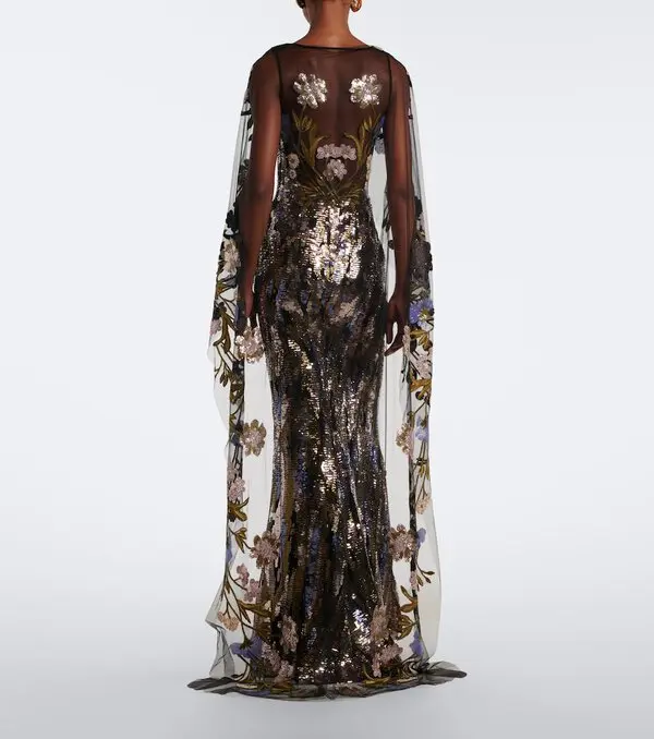 Elie Saab Floral Sequined Caped Gown
