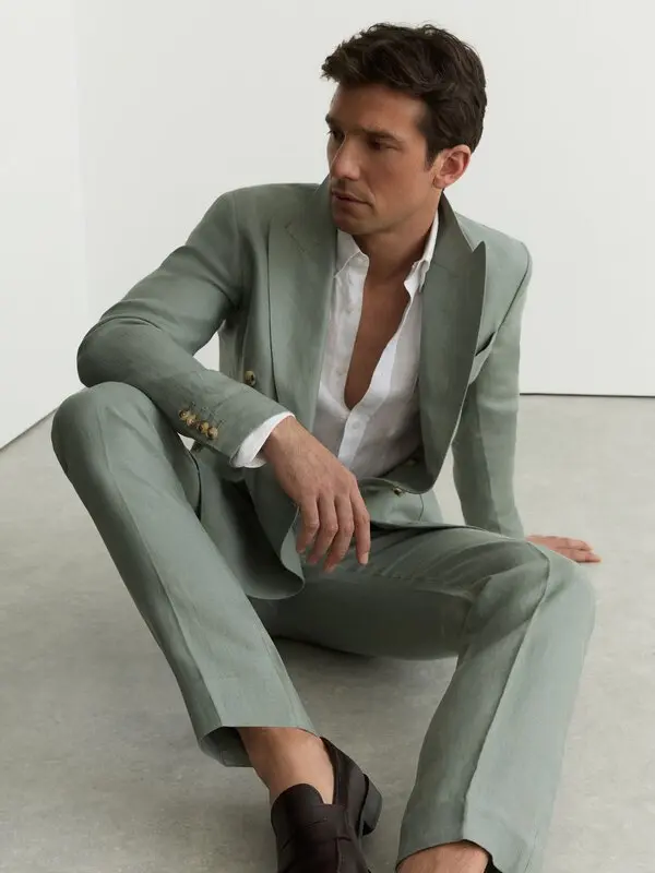 REISS Atlantic Linen-twill Double-breasted Blazer Tailored-fit - Sage