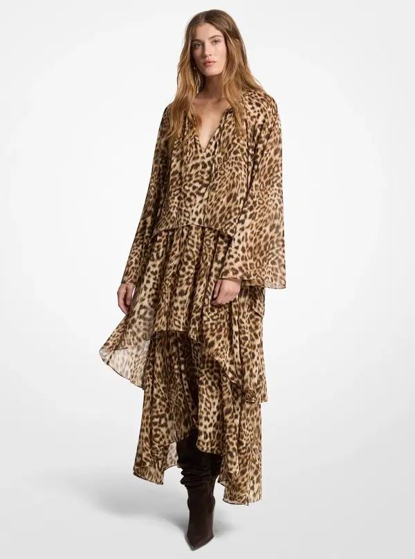 Michael Kors Leopard Print Georgette High-low Dress In Size By