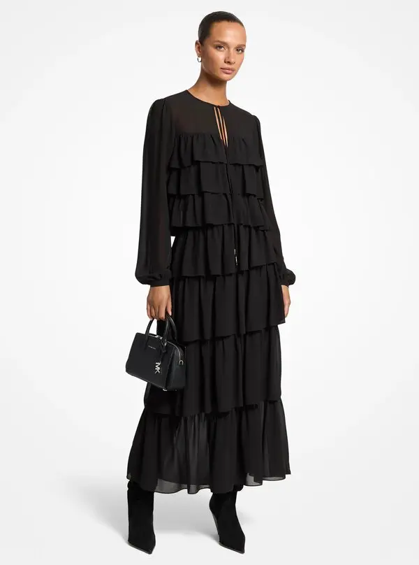 Michael Kors Ruffled Georgette Maxi Dress In Size By - Black
