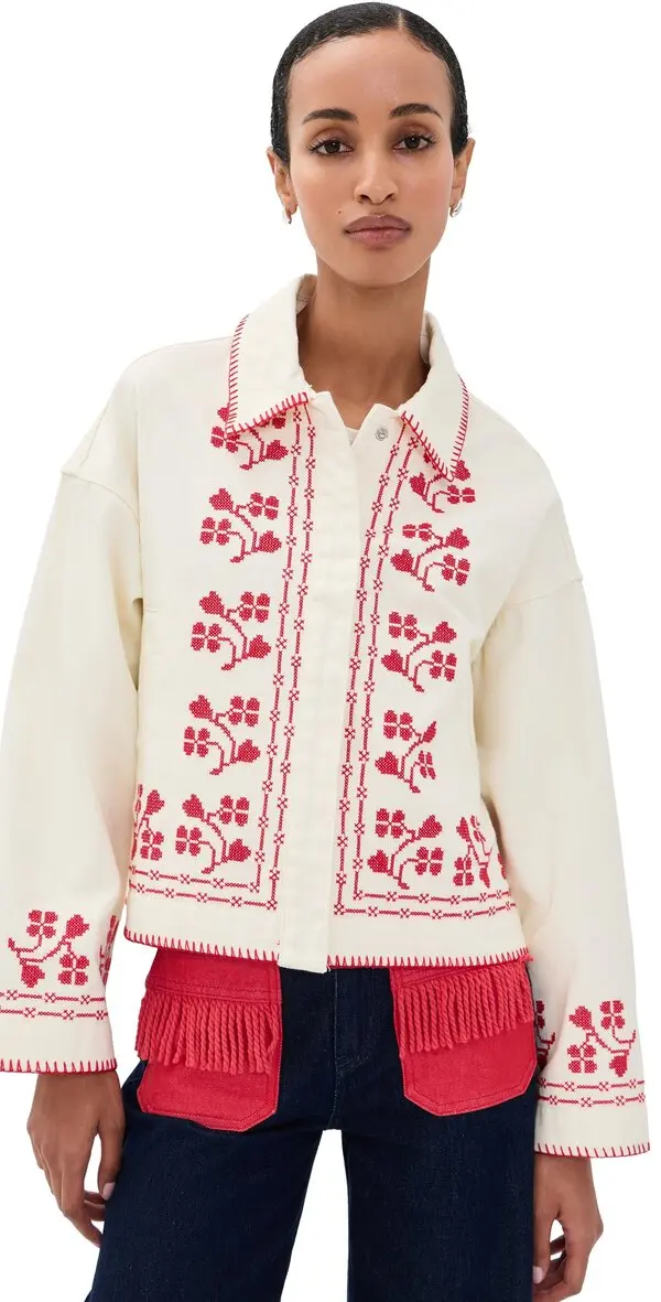 THE TINY BIG SISTER Embroidery Denim Jacket - Ivory