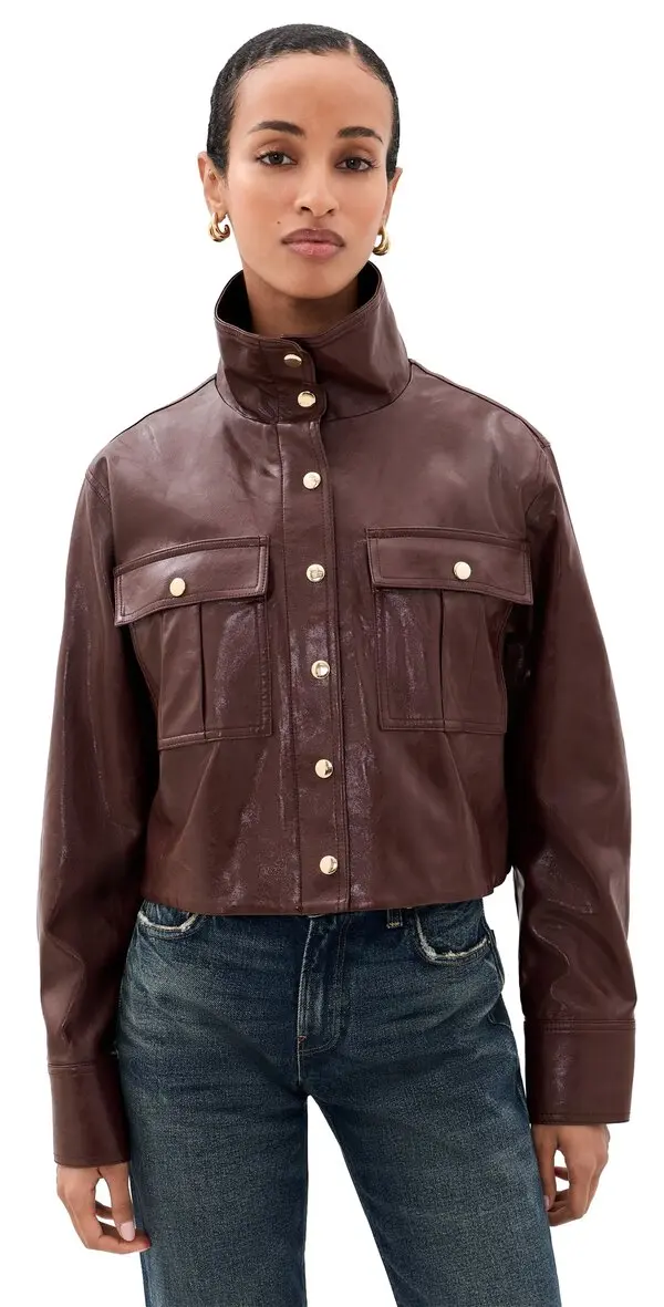 Alice + Olivia James Faux Leather Cropped Jacket - Dark Chocolate