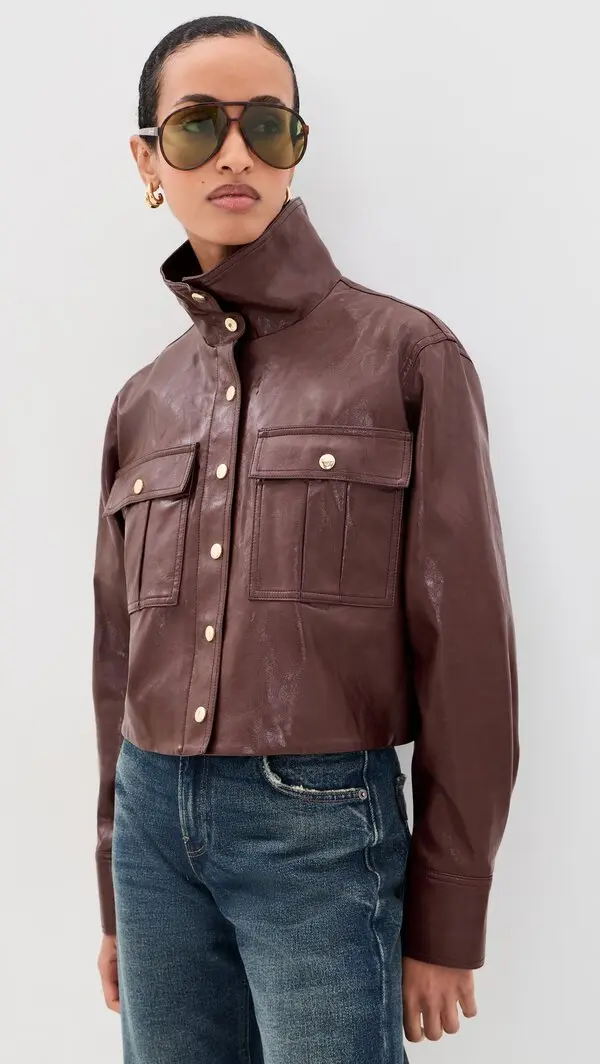 Alice + Olivia James Faux Leather Cropped Jacket - Dark Chocolate