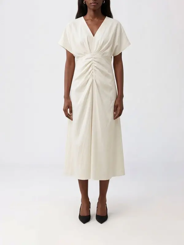 Alberta Ferretti A-line V-neck Midi Dress With Side Slit And Gathered Waist - Nude