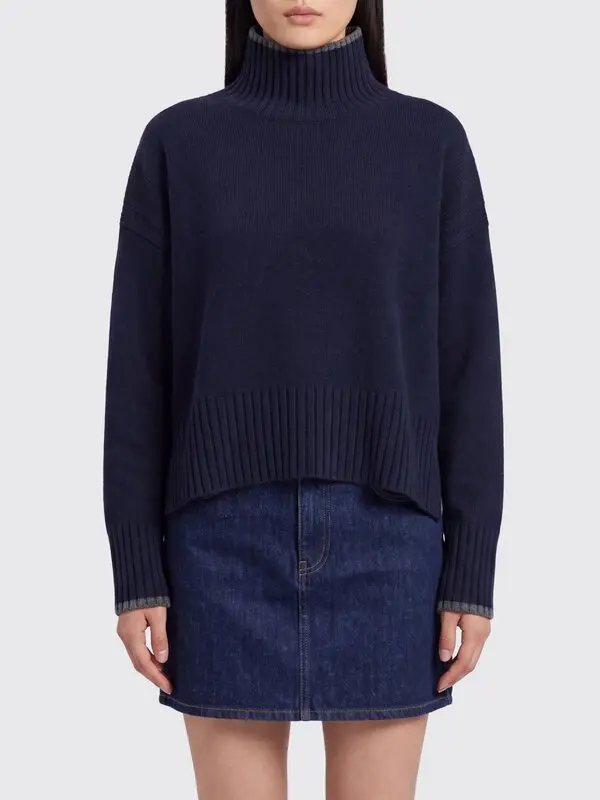 Pinko Wool And Cashmere Turtleneck Jumper With Dropped Shoulders And Contrast Trim - Blue