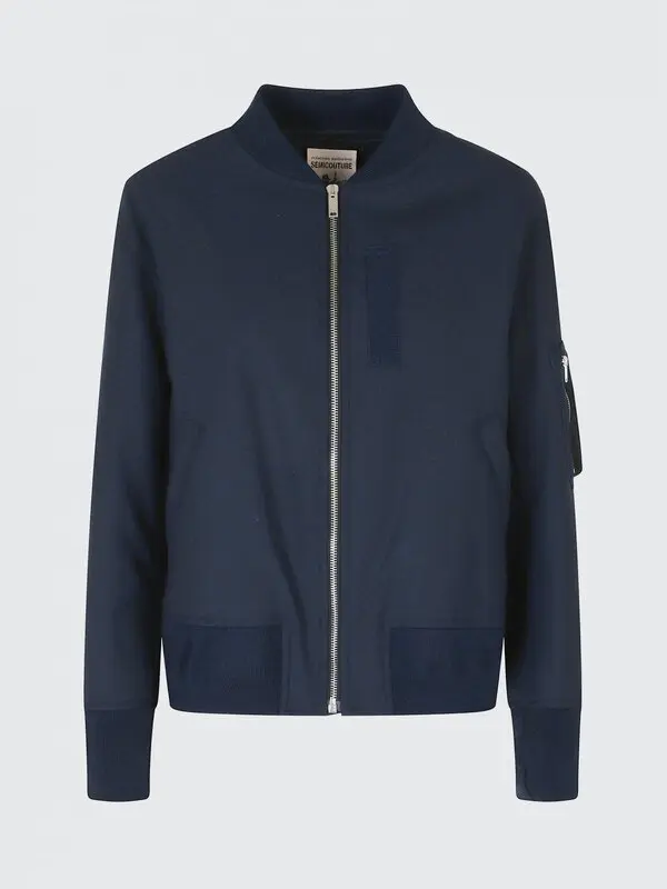 SEMICOUTURE Wool Blend Bomber Jacket With Elasticated Collar - Blue