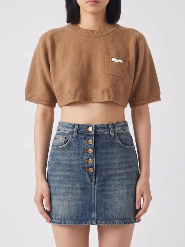 Elisabetta Franchi Cropped Wool & Cashmere Jumper With Contrast Logo - Brown