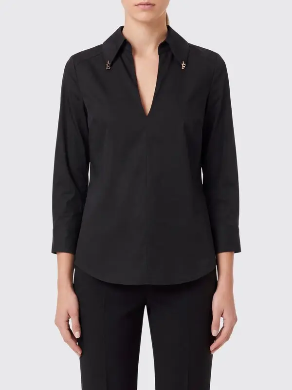 Elisabetta Franchi Slim Fit Stretch Cotton V-neck Shirt - Black