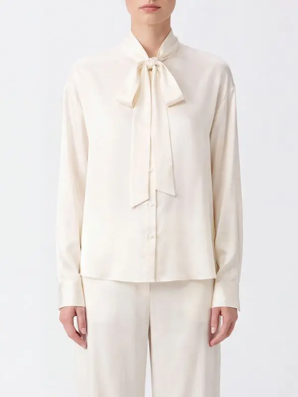 FORTE_FORTE Slim Fit Stretch Silk Pussy-bow Shirt - Ivory
