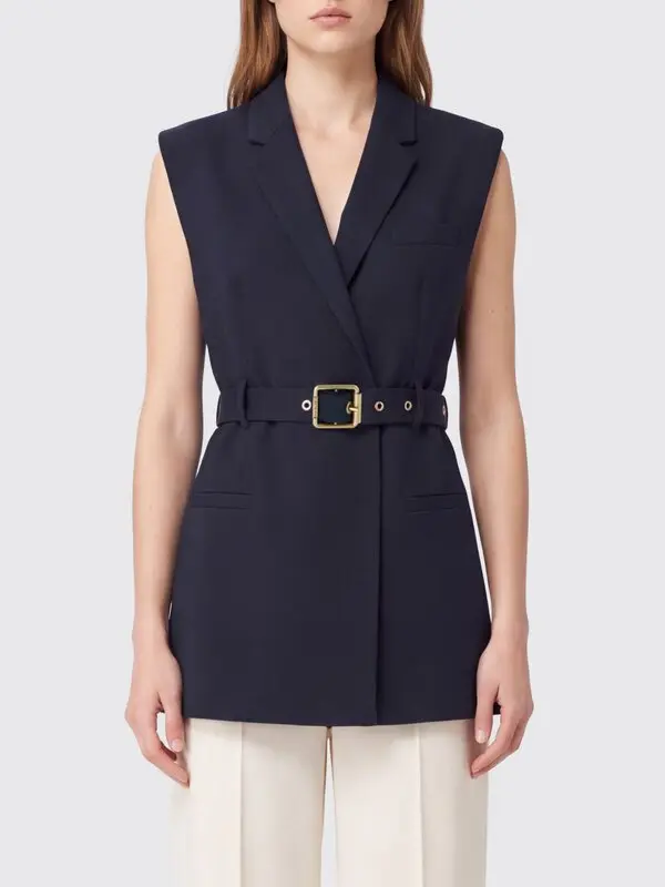 Pinko Wool-blend Waistcoat With Belt And Lapels - Blue
