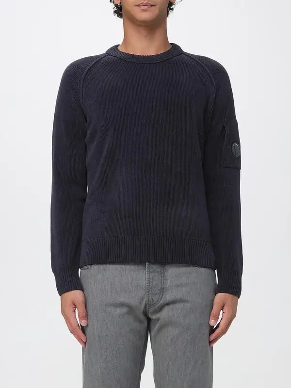 C.P. COMPANY Cotton Crewneck Jumper With Applied Logo And Ribbed Trims - Blue