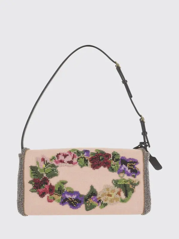 Valentino Garavani Devain Linen Shoulder Bag With Crystal Embroidery - Orchid