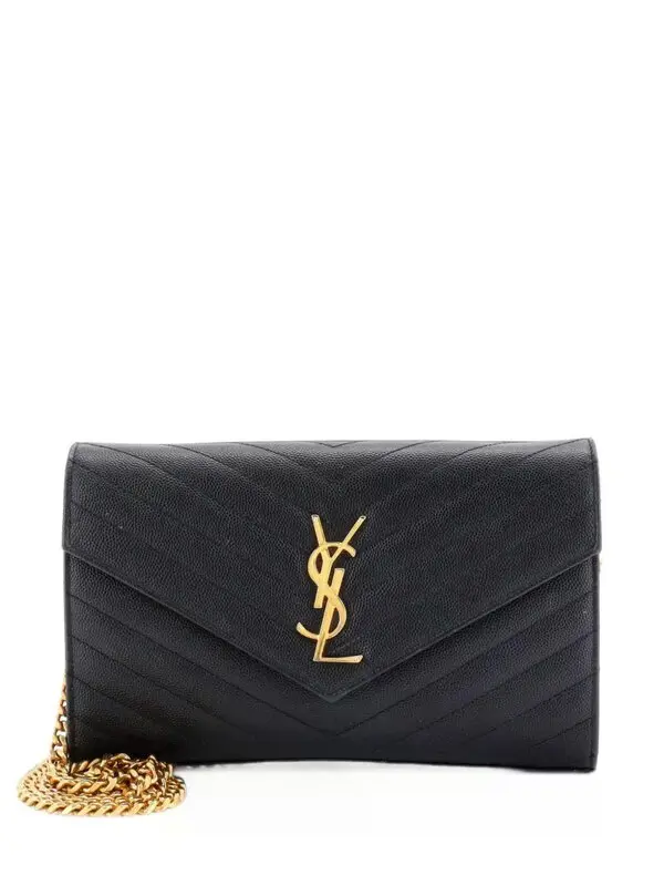 Saint Laurent Classic Monogram Wallet On Chain Matelasse Chevron Leather Medium Crossbody Bag - Black