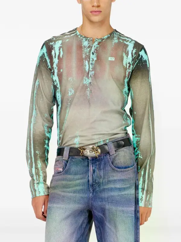DIESEL® Grandad T-shirt In Cracked Leather-effect Jersey - Grey
