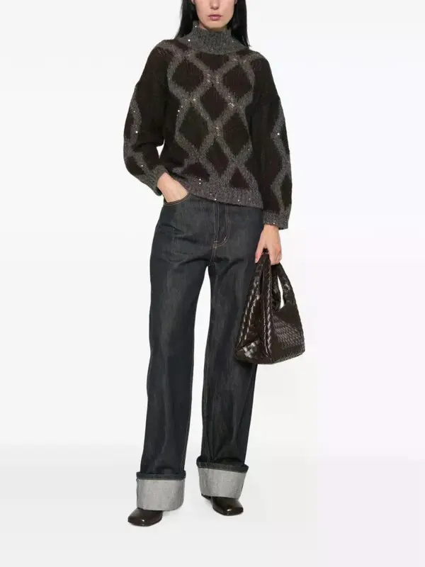 PANICALE Sequin-embellished Argyle Knit Mock Neck Sweater