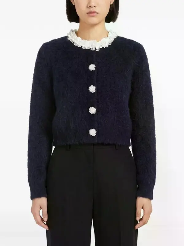 SELF-PORTRAIT Flower-button Pearl-trim Cardigan - Blue