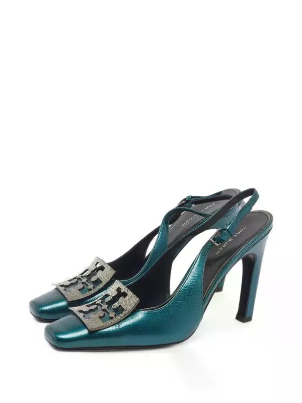 Tory Burch Teal Green Leather Metallic Square Toe Embellished Slingback Pumps