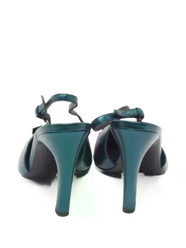Tory Burch Teal Green Leather Metallic Square Toe Embellished Slingback Pumps