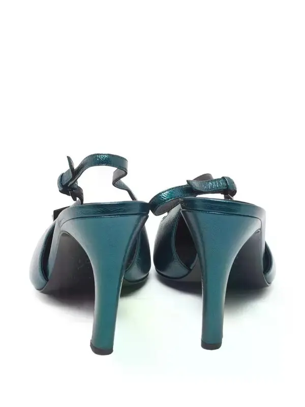 Tory Burch Teal Green Leather Metallic Square Toe Embellished Slingback Pumps