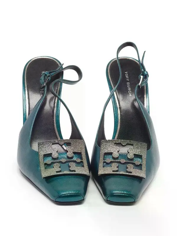 Tory Burch Teal Green Leather Metallic Square Toe Embellished Slingback Pumps