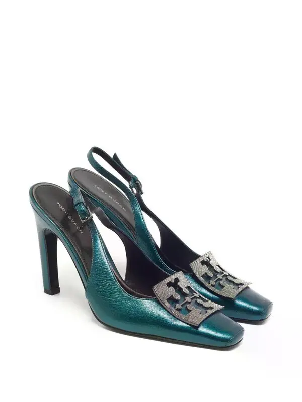 Tory Burch Teal Green Leather Metallic Square Toe Embellished Slingback Pumps
