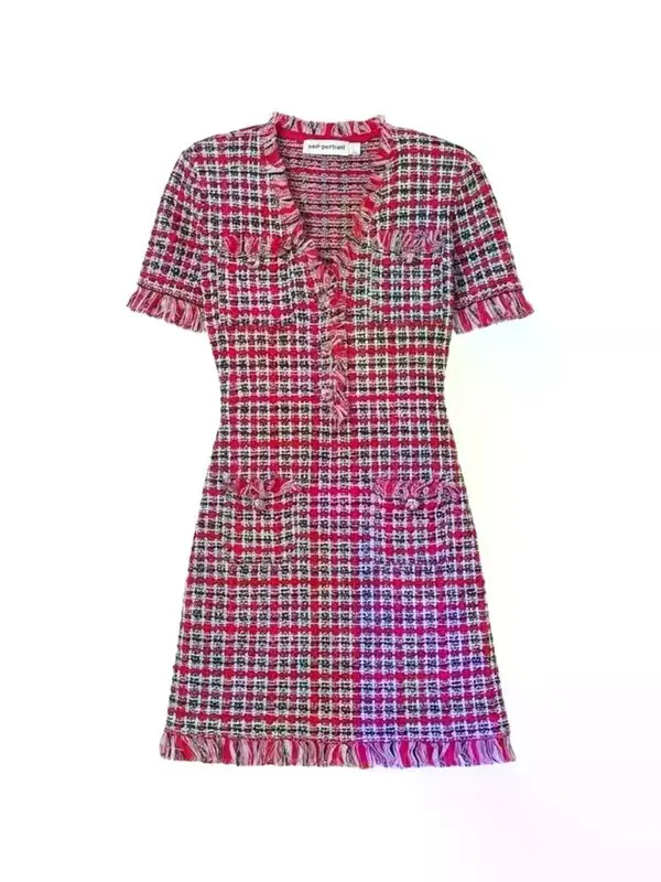SELF-PORTRAIT Check-pattern Frayed-trim Mini Dress - Red