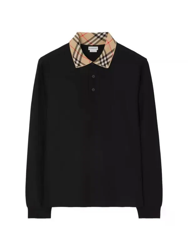 Burberry Long-sleeve Check Collar Cotton Polo Shirt - Black