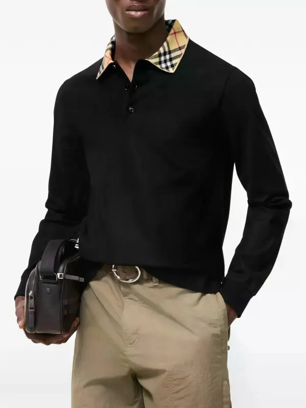Burberry Long-sleeve Check Collar Cotton Polo Shirt