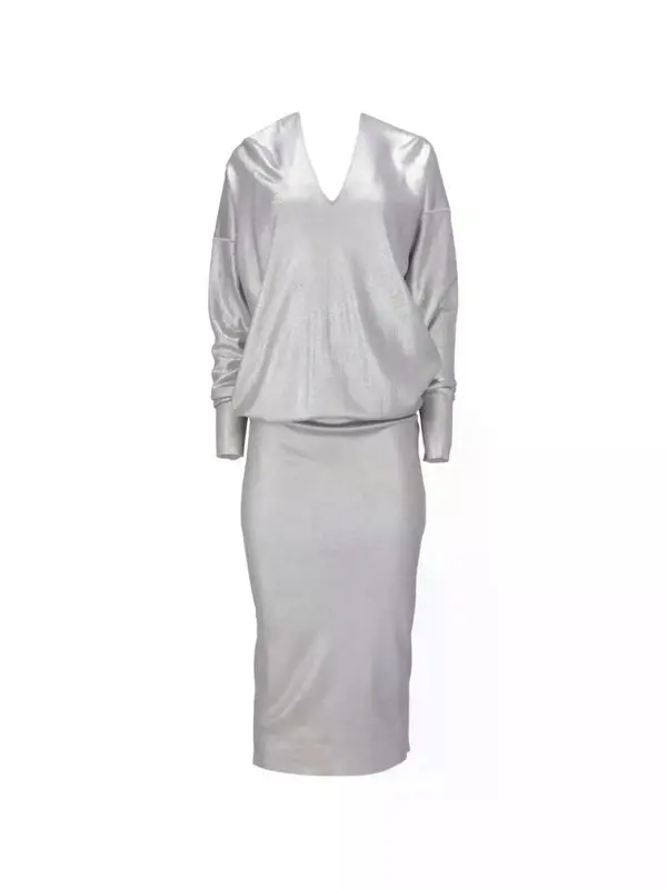 TOM FORD Metallic-effect V-neck Long-sleeved Midi Dress - Silver