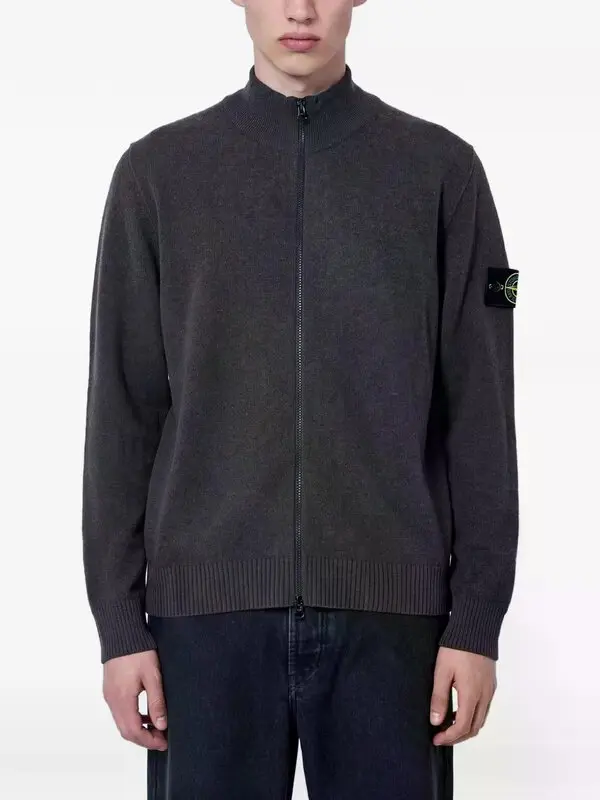 Stone Island Logo Patch Wool Zip-up Sweater - Brown
