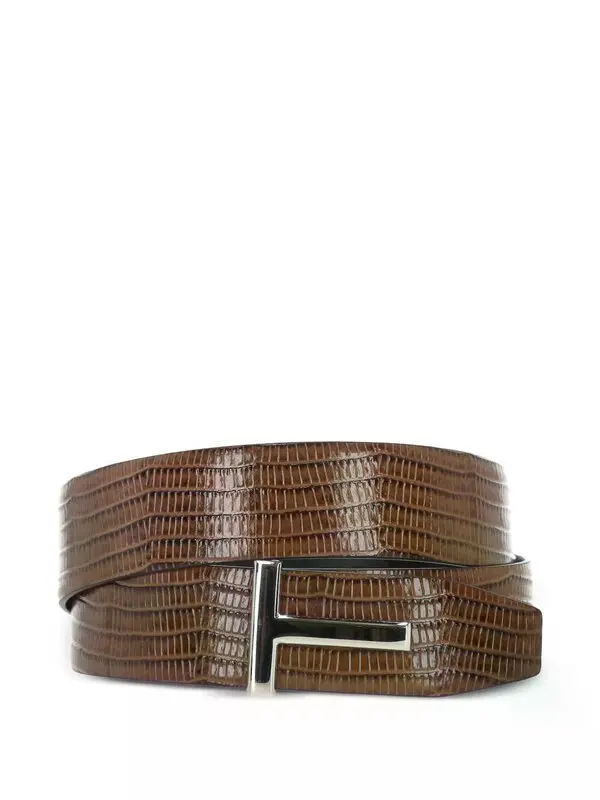 TOM FORD T-buckle Lizard-effect Leather Belt - Brown
