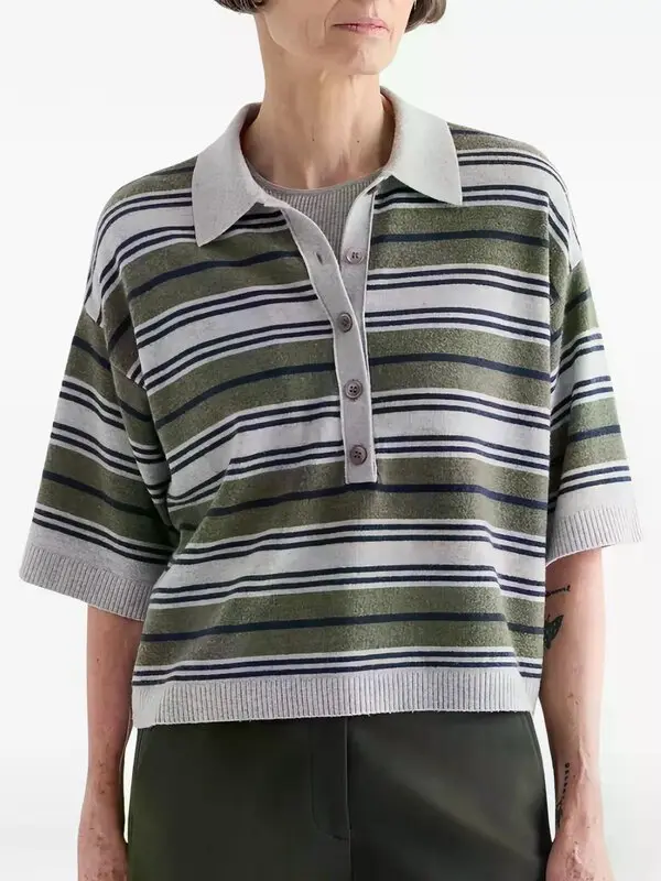 TWP Striped Short-sleeve Polo Sweater - Grey