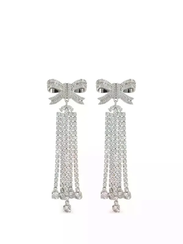 SELF-PORTRAIT Bow-shaped Crystal-embellished Fringe Drop Earrings - Silver