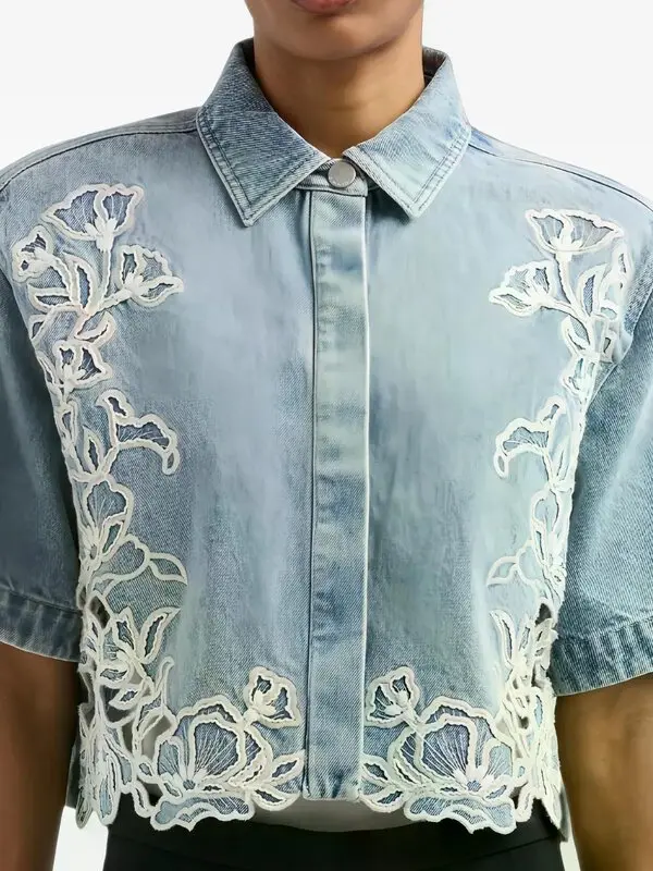 Simkhai Albaine Embroidered Denim Cropped Shirt - Blue