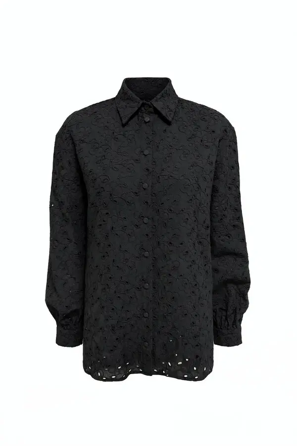 EXQUISE Marlee Broderie Anglaise Long Sleeve Shirt - Black
