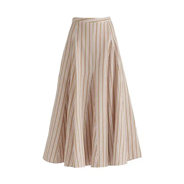 PAISIE Neutrals Striped Flared Maxi Skirt With Godet Paneling In Stripes - Beige