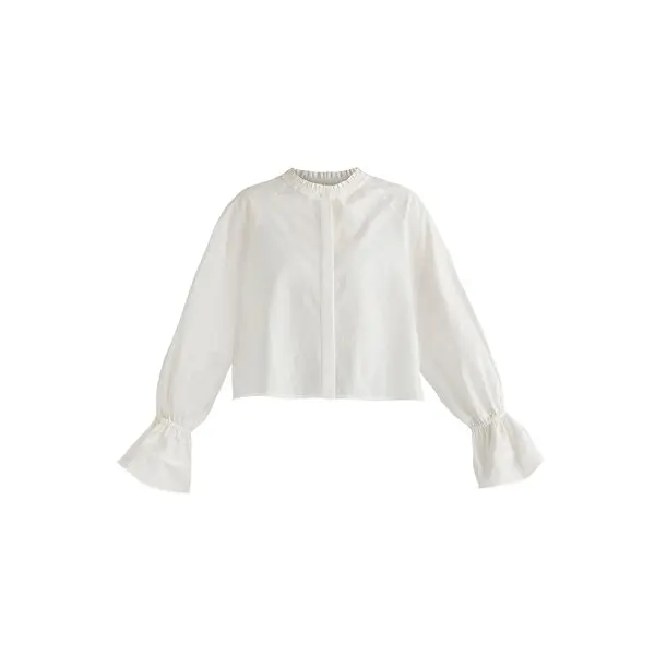 PAISIE Ruffle Round Neck Blouse With Cinch Wrist Detail - White
