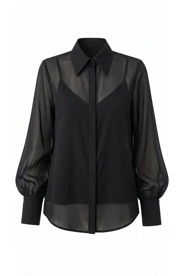 EXQUISE Madelyn Balloon Sleeve Sheer Shirt