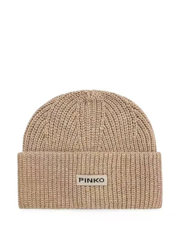 Pinko Logo-patch Ribbed-knit Beanie Hat - Neutrals