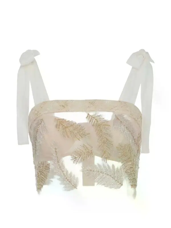 Elisabetta Franchi Tulle And Tweed Top With Feathers - Neutrals
