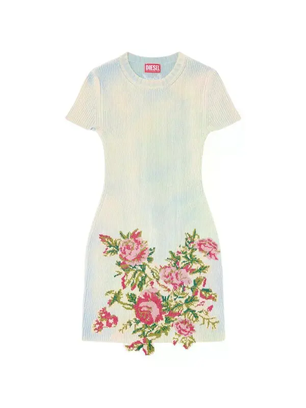 DIESEL® Short Dress In Floral Wool-blend Knit - Neutrals