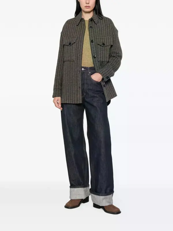 Closed Houndstooth-pattern Button-up Jacket