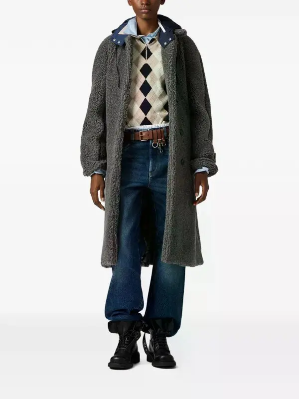 Miu Miu Single-breasted Fleece Coat With Detachable Hood - Slate Gray