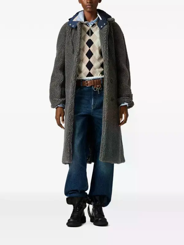 Miu Miu Single-breasted Fleece Coat With Detachable Hood