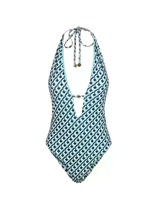Casablanca Green Cubist Cc Monogram Plunge Swimsuit - Blue