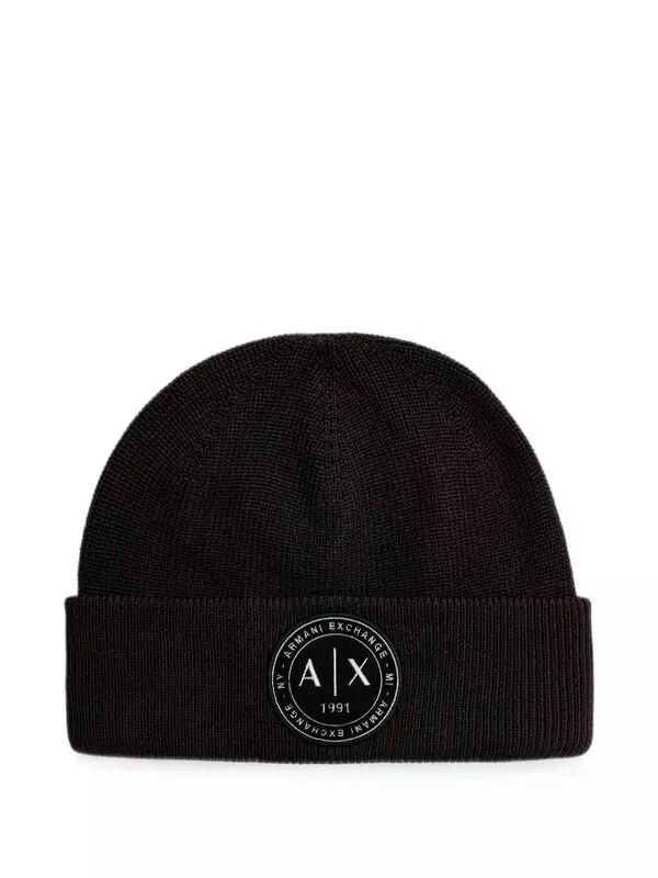 Armani Exchange Logo-patch Ribbed-knit Beanie Hat - Brown