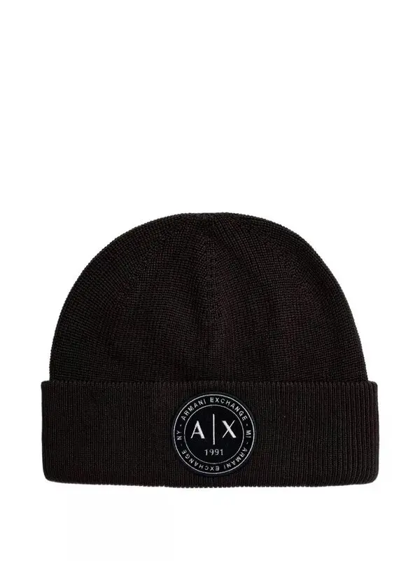 Armani Exchange Logo Patch Beanie Hat - Brown