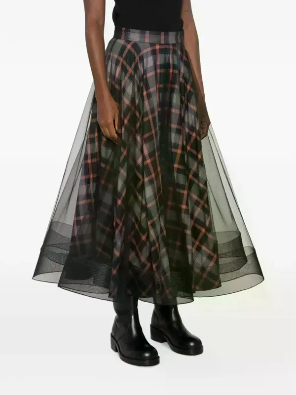 QUETSCHE Tulle-overlay Check-pattern Maxi Skirt