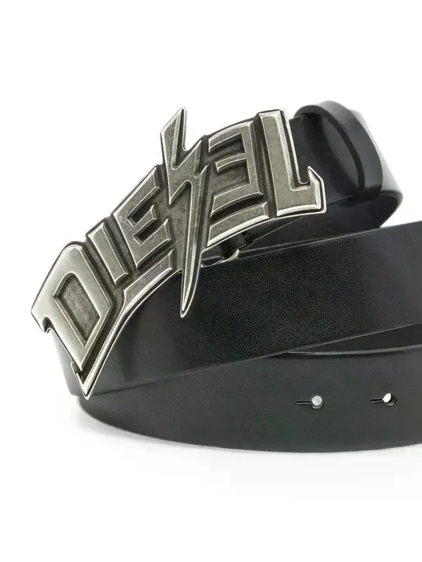 DIESEL® 4cm Leather Belt With Lightning Bolt Buckle