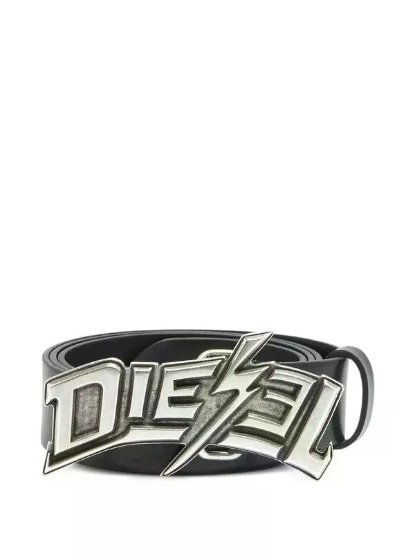 DIESEL® Leather Belt With Lightning Bolt Buckle - Black